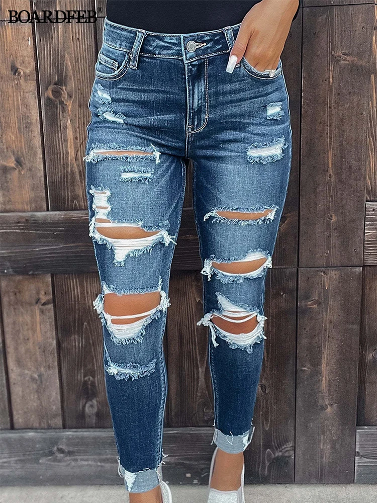 Women Stretch Ripped Jeans Elastic Frayed Raw Hem Distressed Denim ...