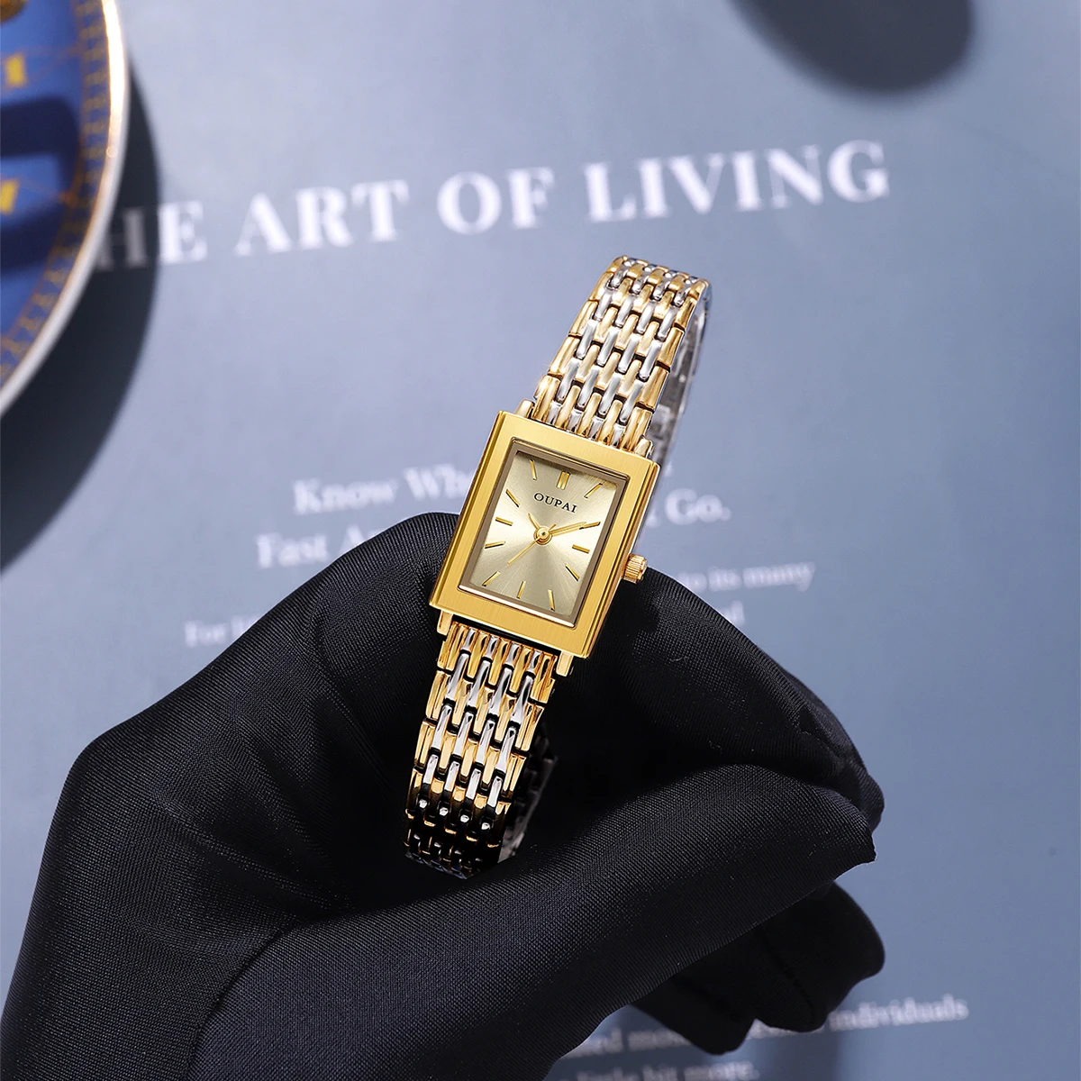 Oupai rectangular women's watch quartz move golden stainless steel ...
