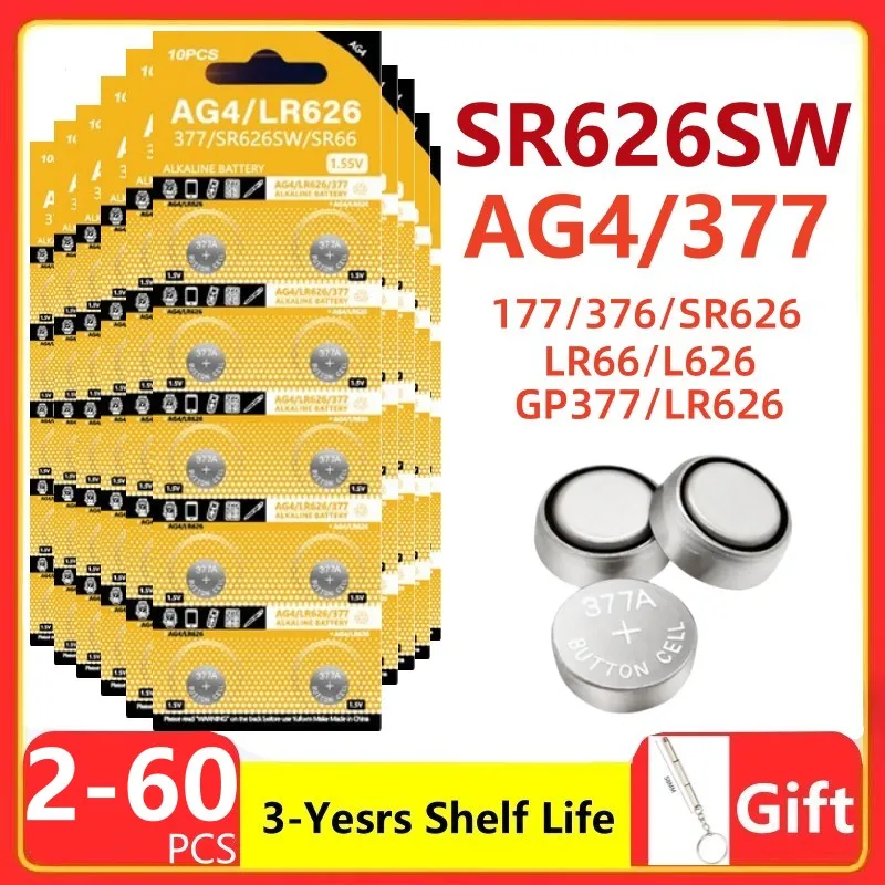 2PCS-50PCS 1.55V AG4 377 Button Batteries SR626SW SR626 Cell Coin Alkaline Battery 177 376 626A ...
