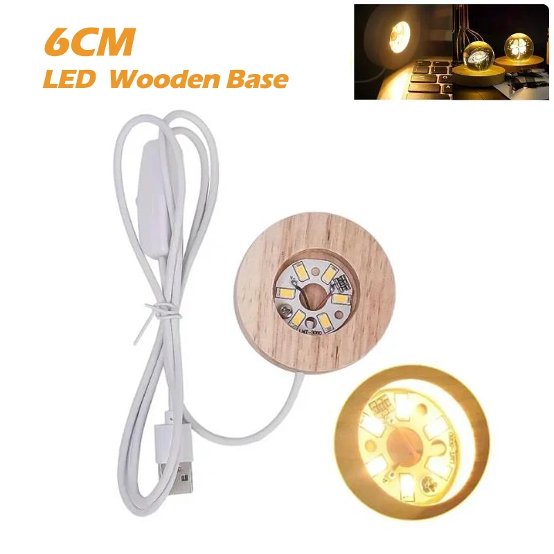 6CM Wooden LED Light Dispaly Base Crystal Glass Resin Art Ornament ...