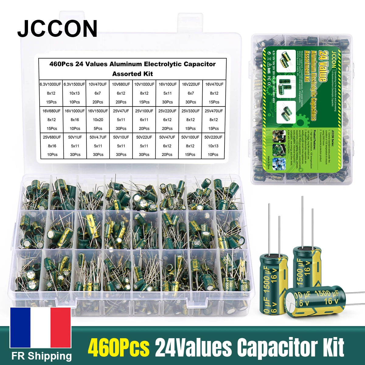 460pcs/box Capacitor Kit Jccon 1uf-1500uf 24values Aluminum Electrolytic Capacitors 6.3v-50v ...