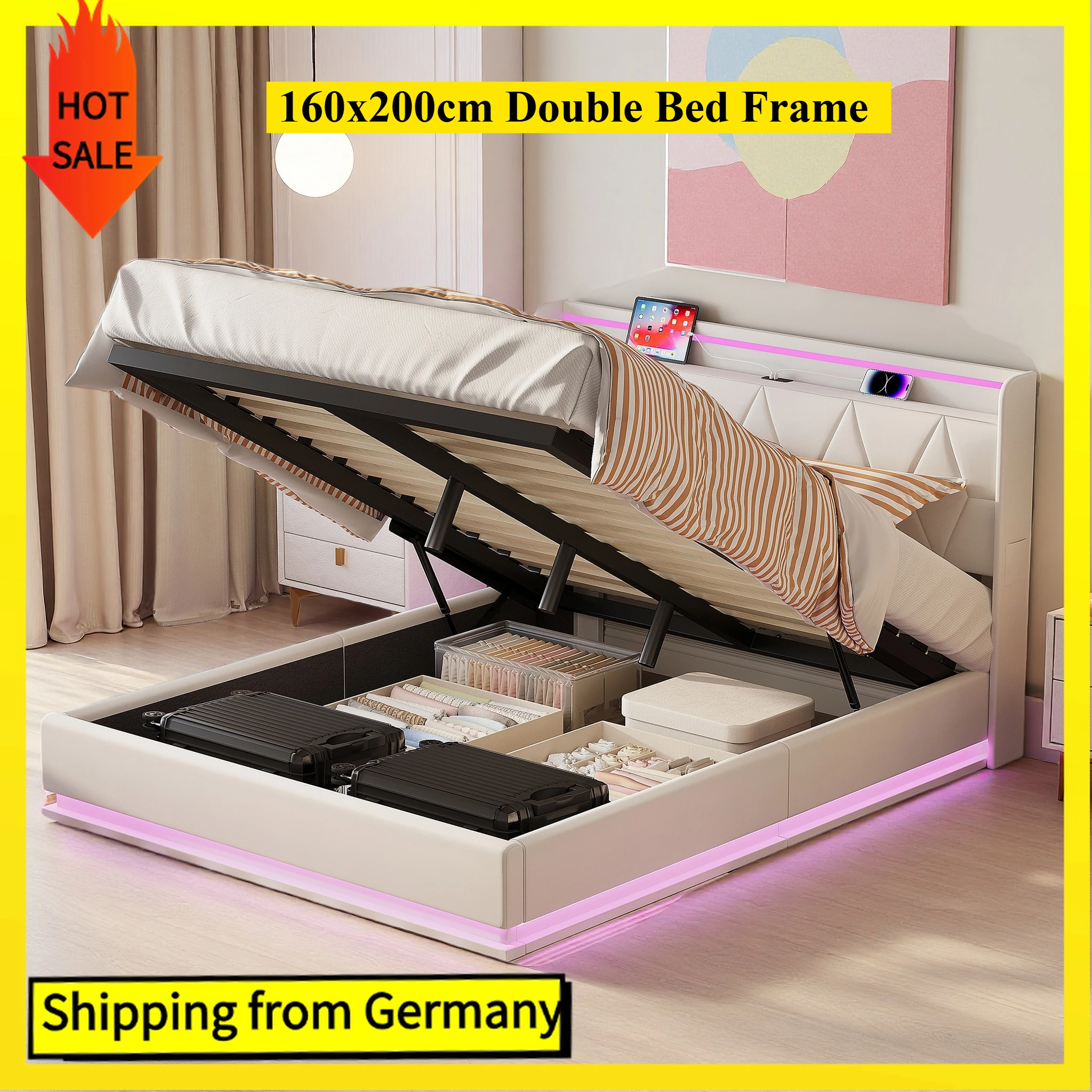 Comanlai 160x200cm Upholstered Bed with LED Light,Rhombus Pattern ...