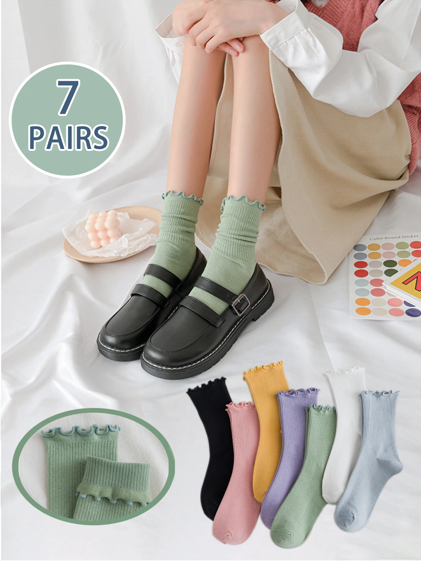Seven-Pairs-of-WOMEN-S-Fungus-Edge-Socks-Forest-Sweet-Solid-Color ...