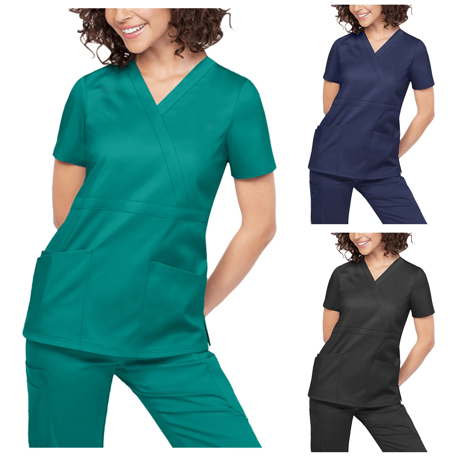 Women Nurse Uniform Short Sleeve V-neck Tops Summer Plus Size Ladies T ...