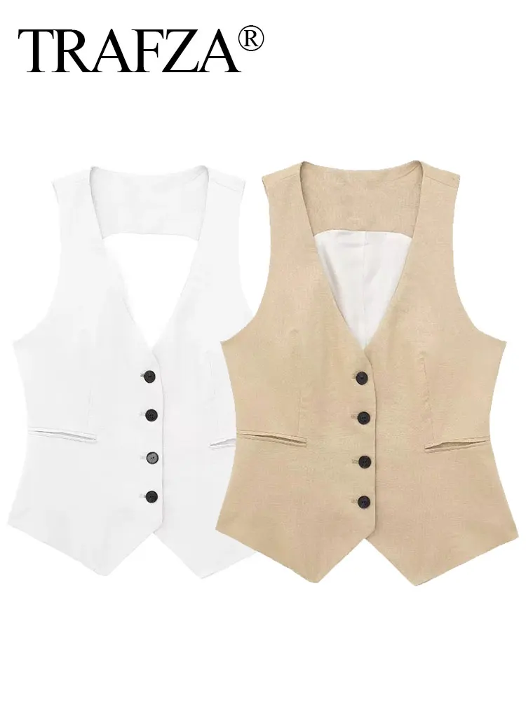 TRAFZA-Colete-de-linho-monocrom-tico-elegante-feminino-colete-sem ...