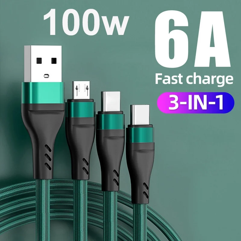 100W-6A-Super-Fast-Charger-3-in-1-Cable-Micro-Usb-Type-C-iP-Phone ...