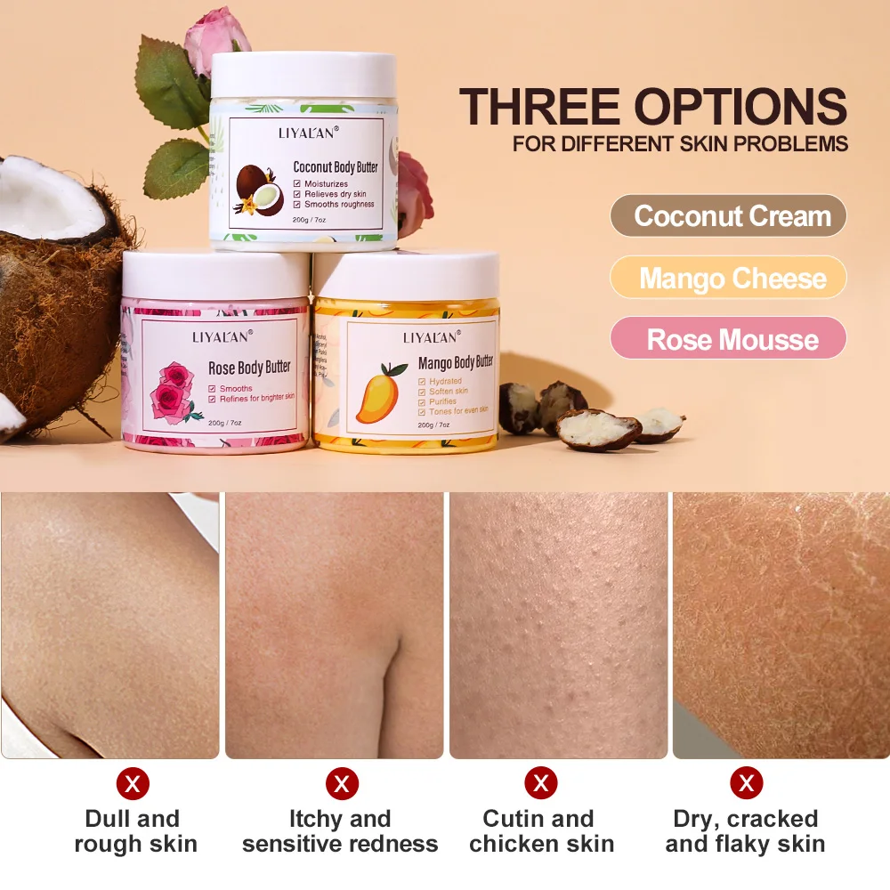 Crema de hidratación profunda de Mango, de rosa, de Coco con karité, suaviza la piel seca ...