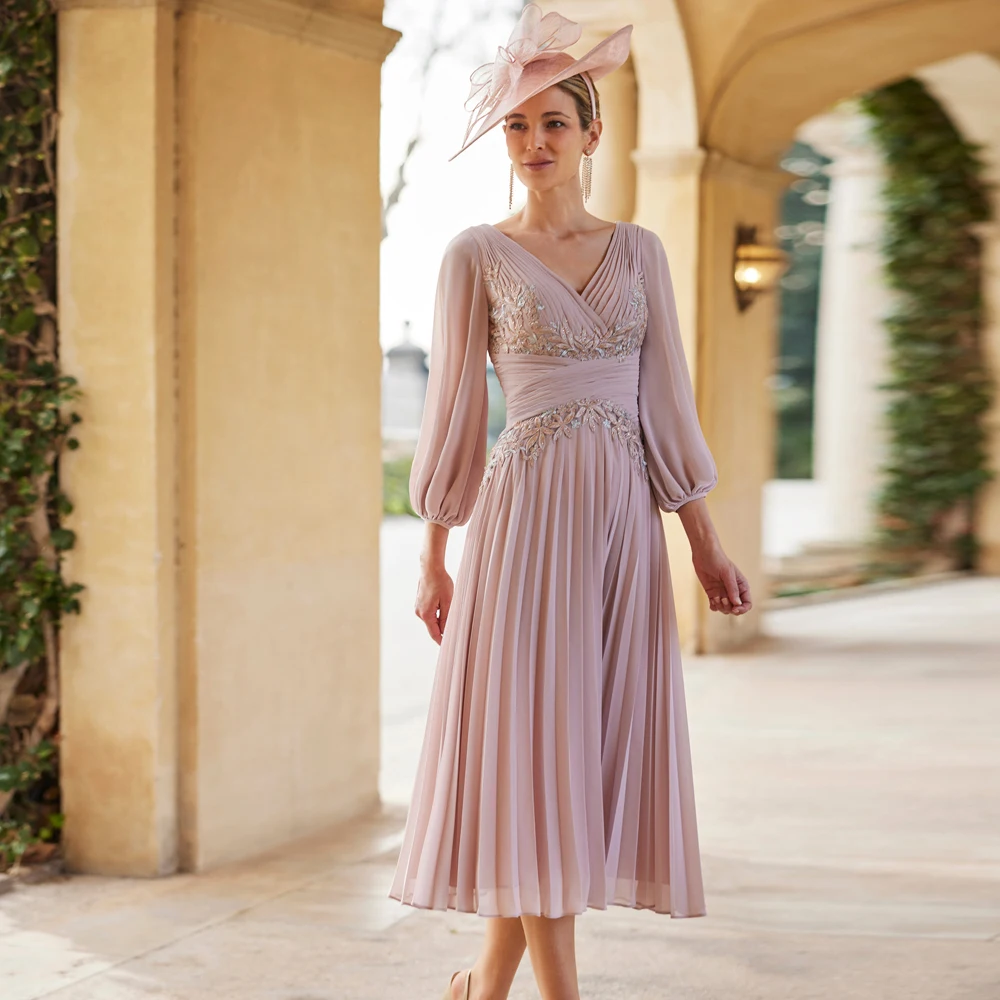Elegant-Chiffon-Mother-of-the-Bride-Dresses-V-Neck-3-4-Sleeves-Wedding ...