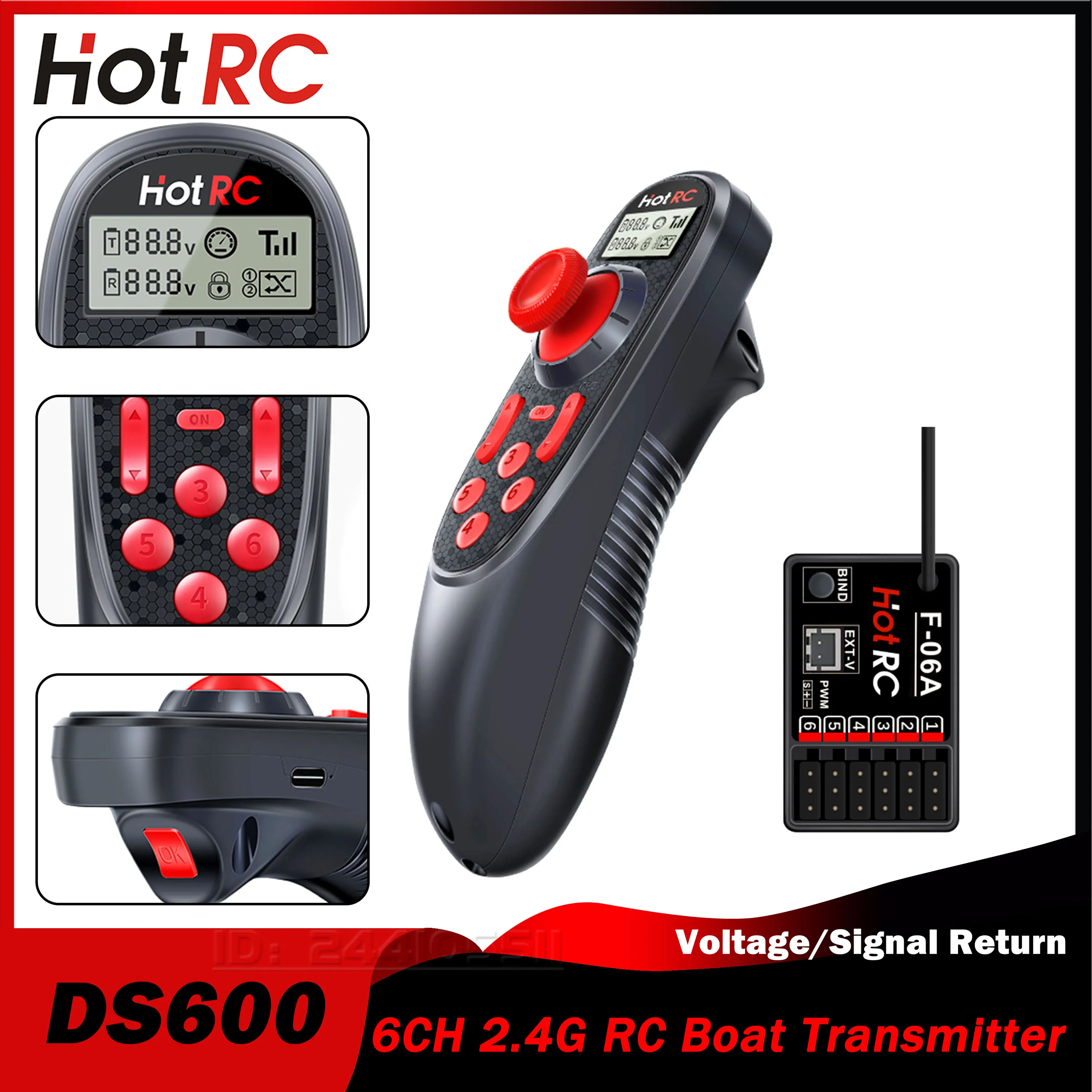 HOTRC DS-600 6CH 2.4G RC Boat LCD Remote Controller Transmitter F-06A ...