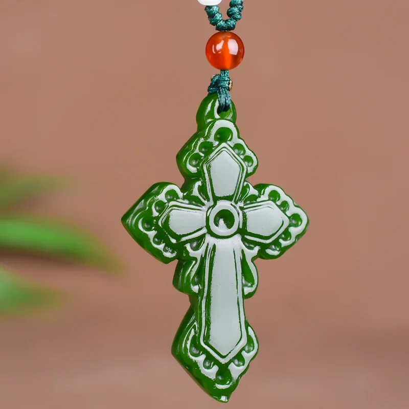 Chinese Natural Green Jade Cross Pendant Necklace Hand-carved Charm ...