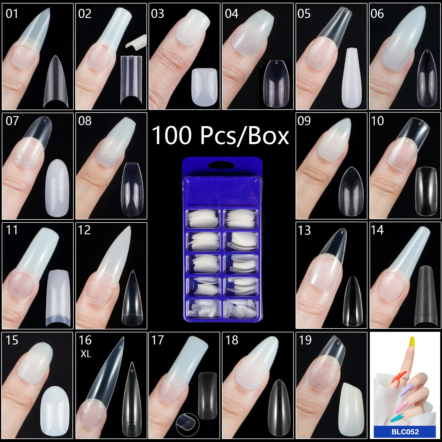 100 Pieces/box Acrylic False Nail Tips Ballerina Fake Nail Tips 10 ...