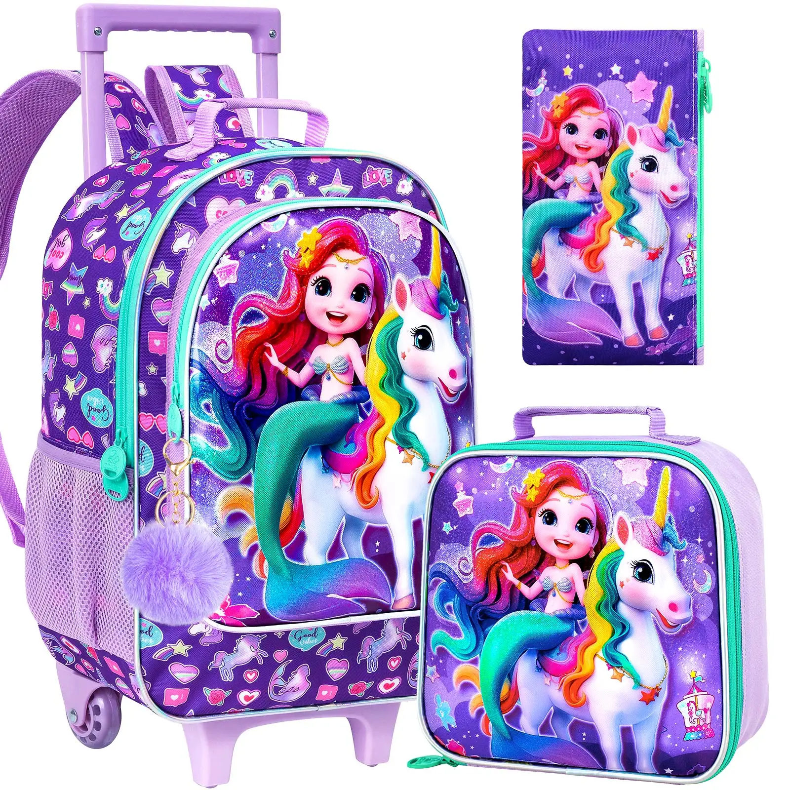 3PCS Girls Rolling Bookbag, Cute Kids Mermaid Wheeled Backpack，Roller ...