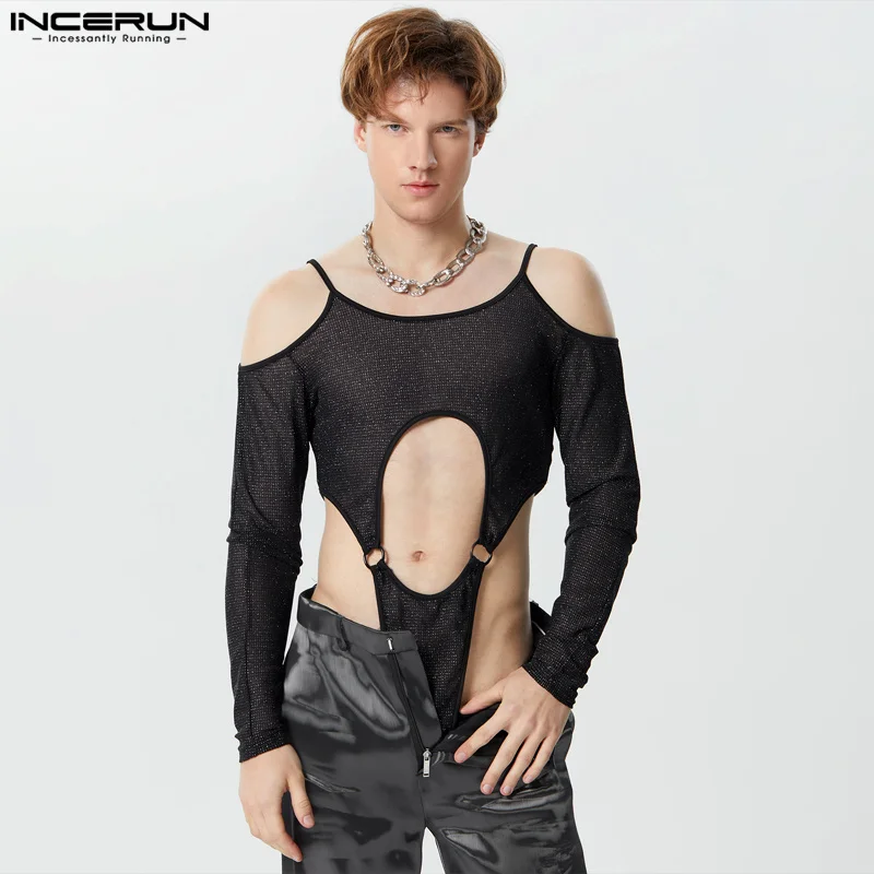 2024-Men-Bodysuits-Solid-Shiny-Hollow-Out-Long-Sleeve-Off-Shoulder ...