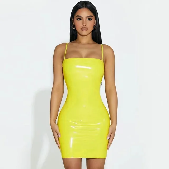 Women Sexy Faux Latex Spaghetti Strap Camisole Mini Dress Sleeveless ...