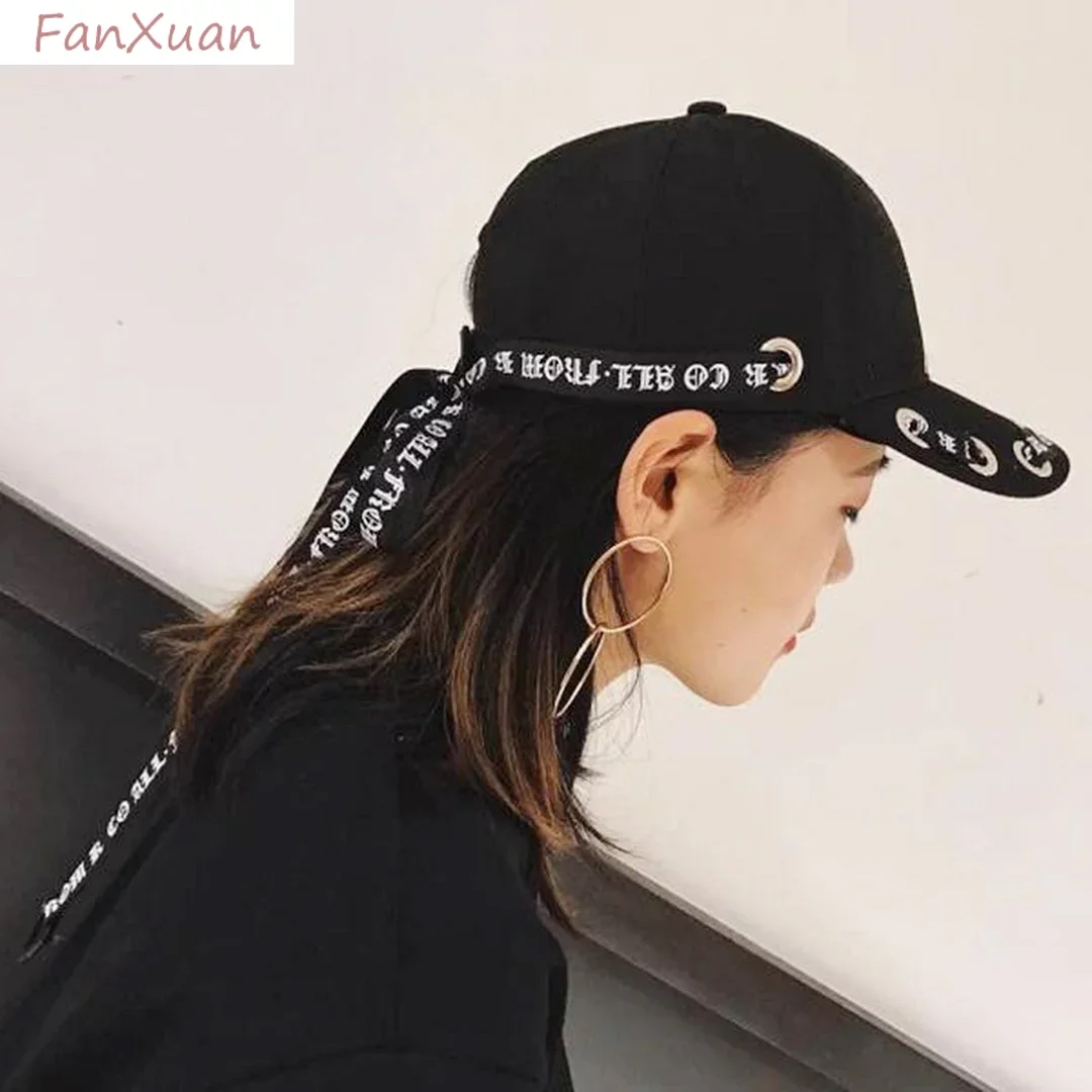 Y2K-Baseball-Cap-for-Men-Kpop-Hats-Femme-Long-Ribbon-Black-White-Men-s ...