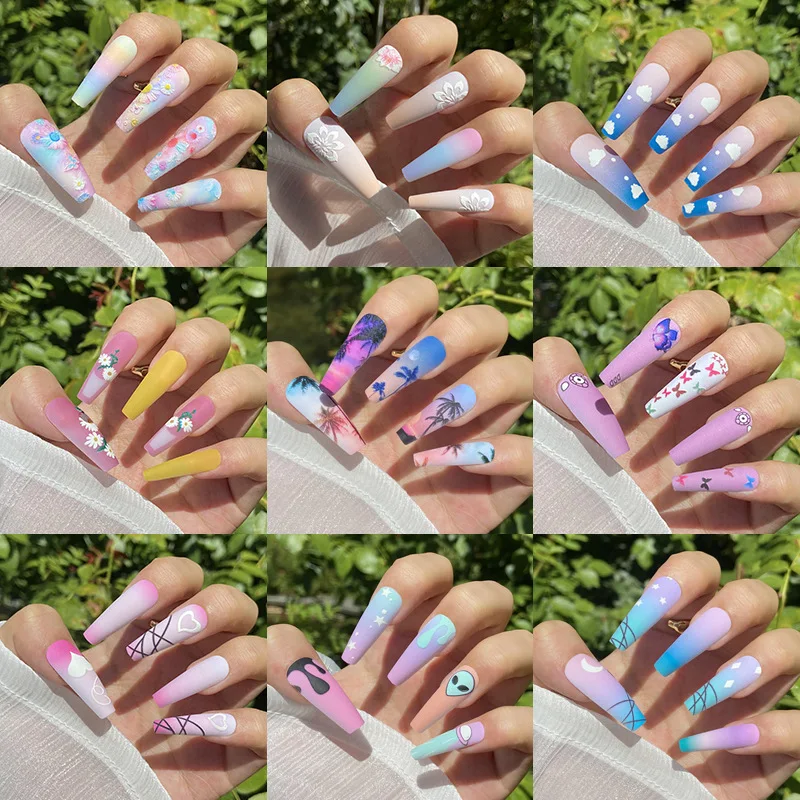 Long Ballet Fake Nails 3D Art Flower Press On Nails Colorful False ...