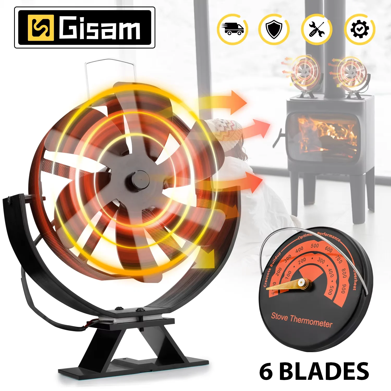 6 Blades Mini Stove Fan Heat Powered Fireplace Fan Log Wood Burner Eco ...