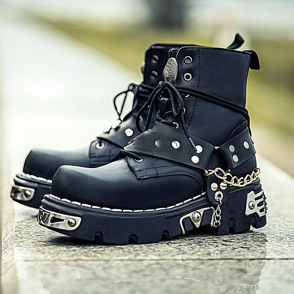 Moda-masculina-botas-de-motocicleta-de-couro-genu-no-g-tico-cr-nio-punk ...