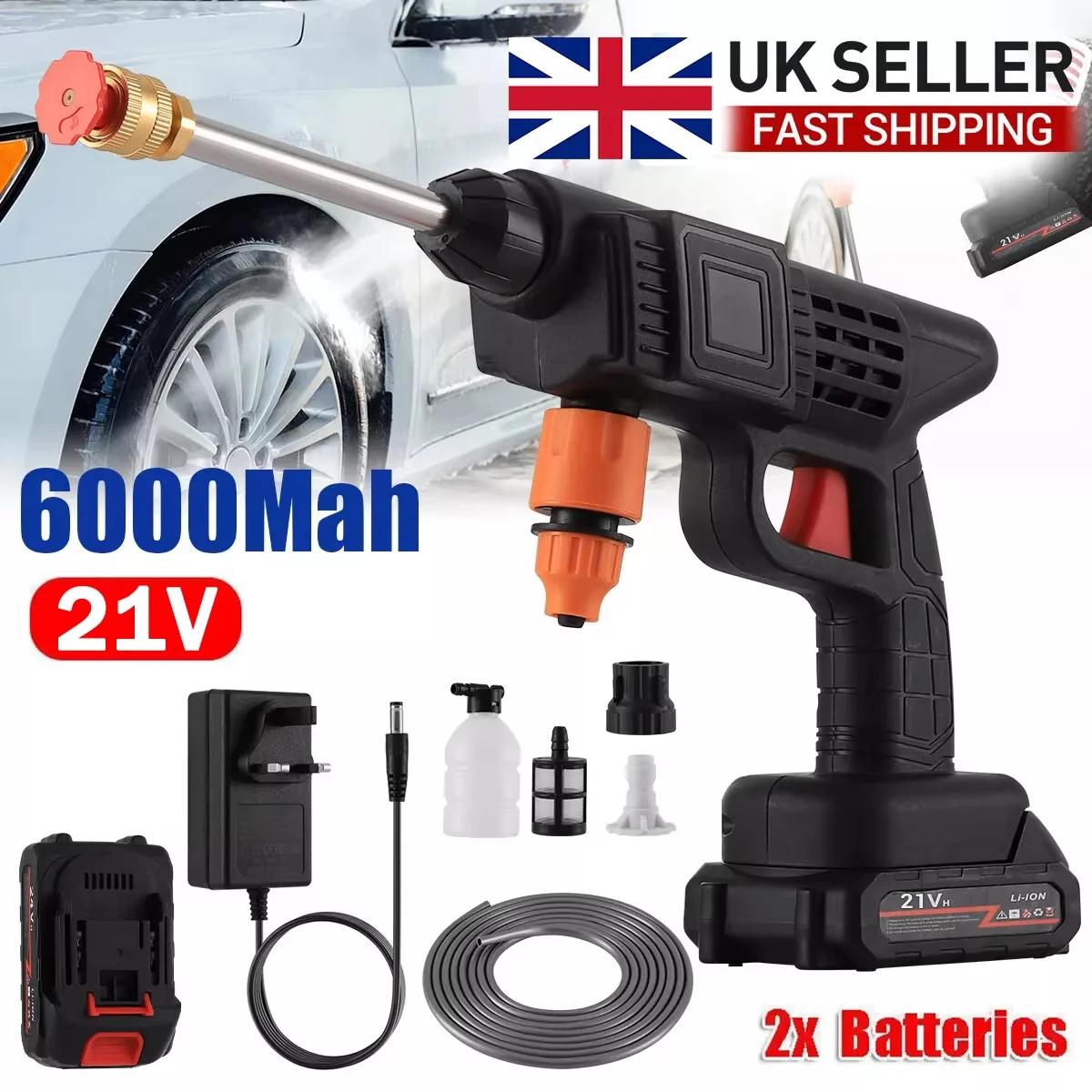 30BAR Cordless High Pressure Car Wash Washer Gun Foam Generator Water ...