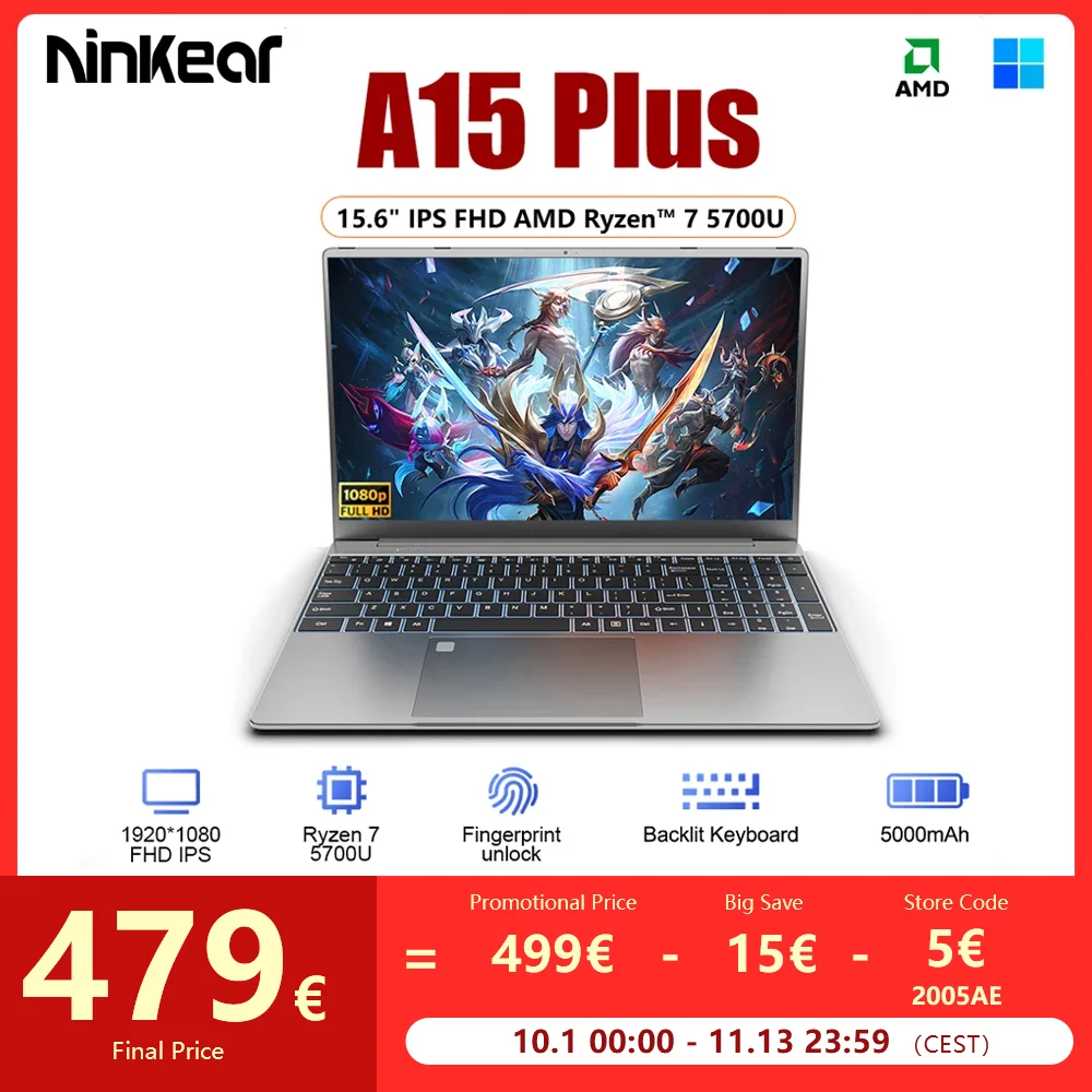 Ninkear A15 Plus Gaming Laptop 15.6" IPS FHD AMD Ryzen™ 7 5700U ...