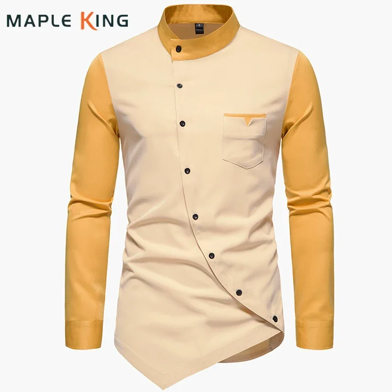 Vintage Shirts For Men Patchwork Irregular Oblique Button Long Sleeve ...