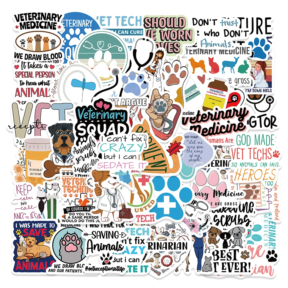 50Pcs-Cartoon-Veterinary-Stickers-Vinyl-Pet-Doctor-Stickers-Decals-for ...