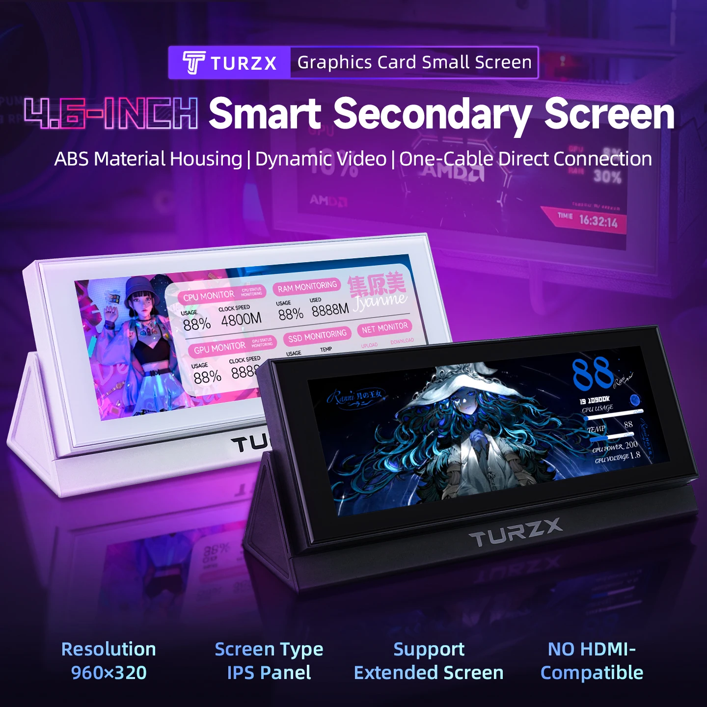 TURZX New 4.6 Inch IPS Secondary Screen CPU GPU RAM Computer Monitor ...