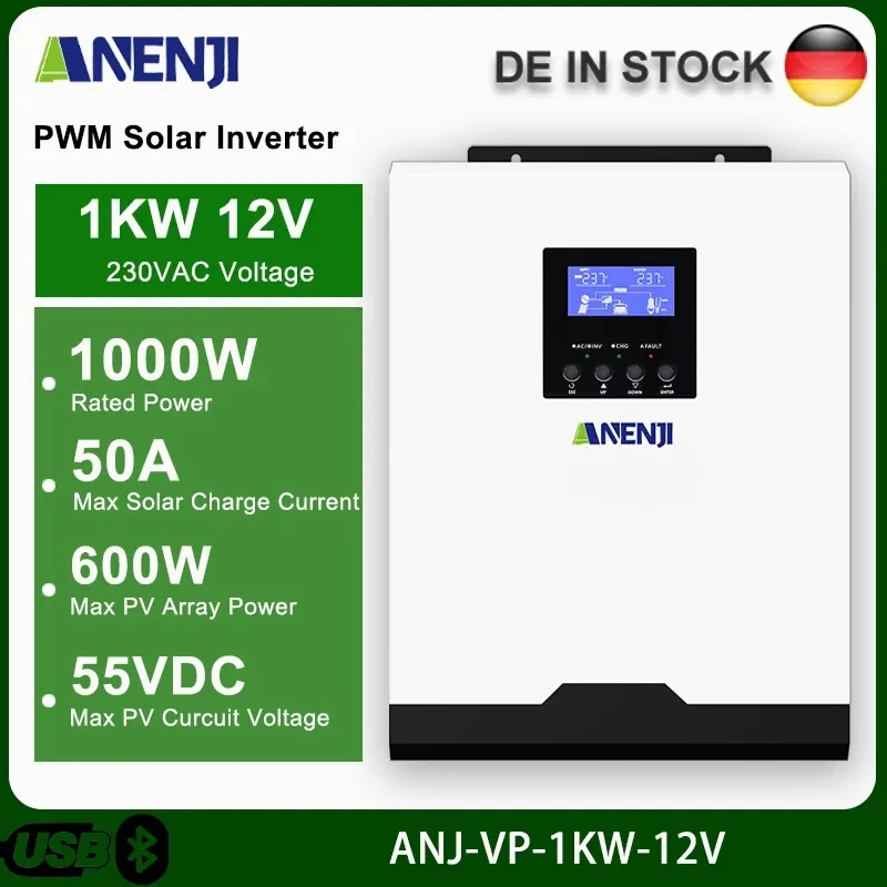 Anenji 1kw Hybrid Off Grid Solar Inverter Pure Sine Wave 12v 220v Built ...