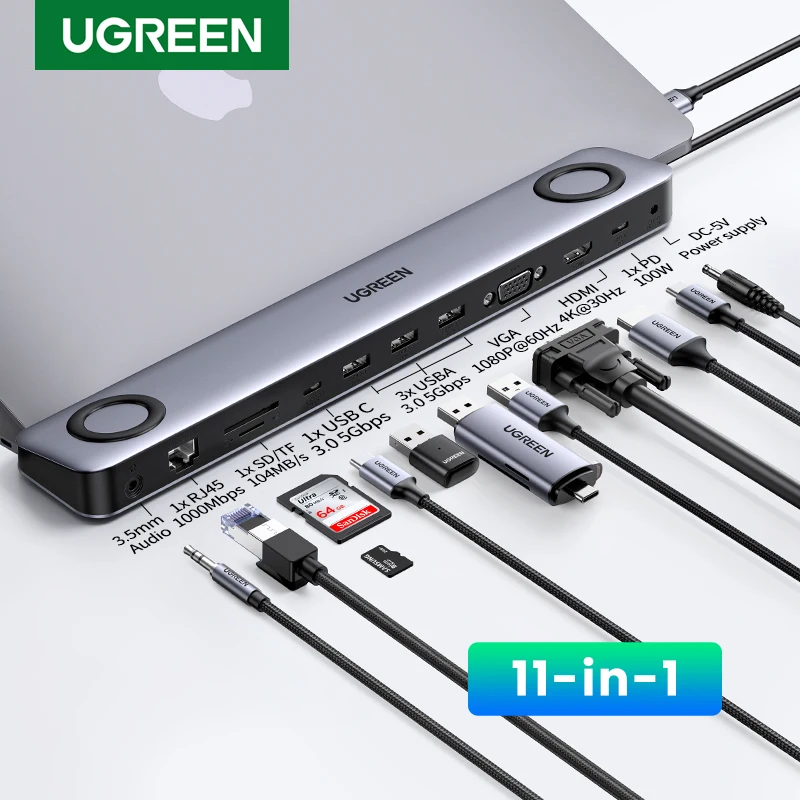 UGREEN USB 11 In 1 HUB Stasiun Docking C USB C Ke HDMI 4K VGA RJ45 PD ...