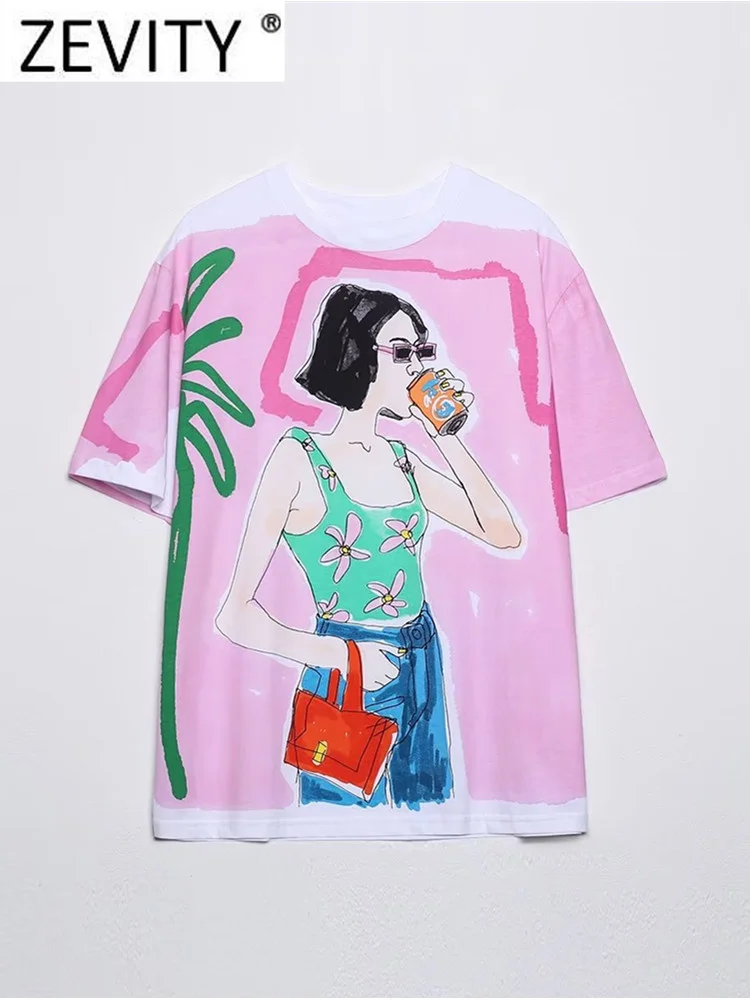 Zevity-Women-Fashion-Contrast-Color-Beauty-Print-Casual-T-Shirt-Female ...