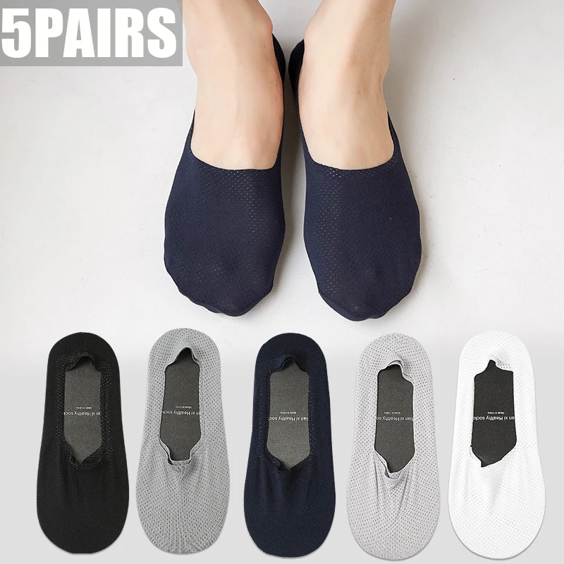 5Pairs-Mens-Summer-No-Show-Socks-Cotton-Mesh-Breathable-Weave-Solid ...