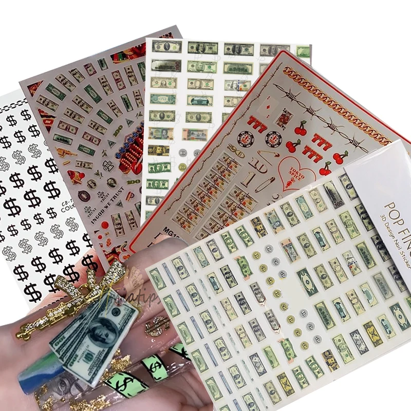 1pcs 3d Money Nail Art Sticker Decals Dollar Self-adhesive Transfer ...
