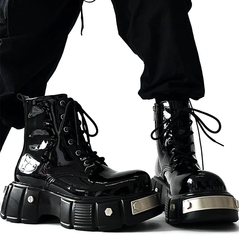 Botines-de-charol-negro-con-plataforma-y-remaches-de-Metal-botas-de ...