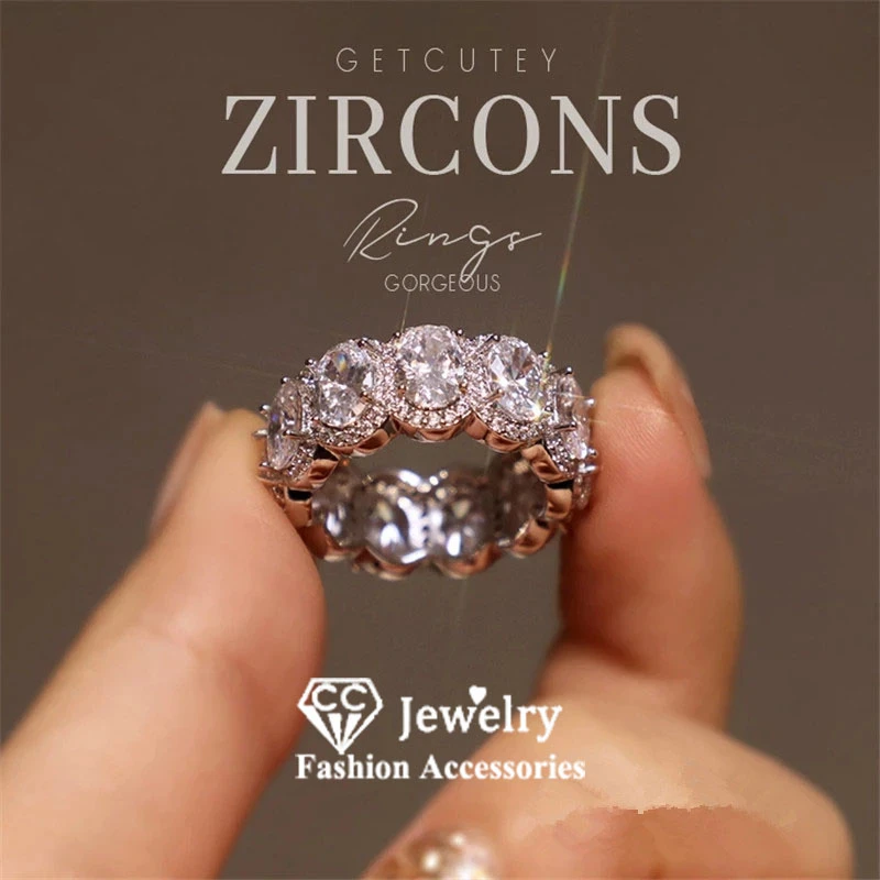 Cc Rings For Women S925 Silver Bridal Wedding Inlay Oval Rhinestone ...