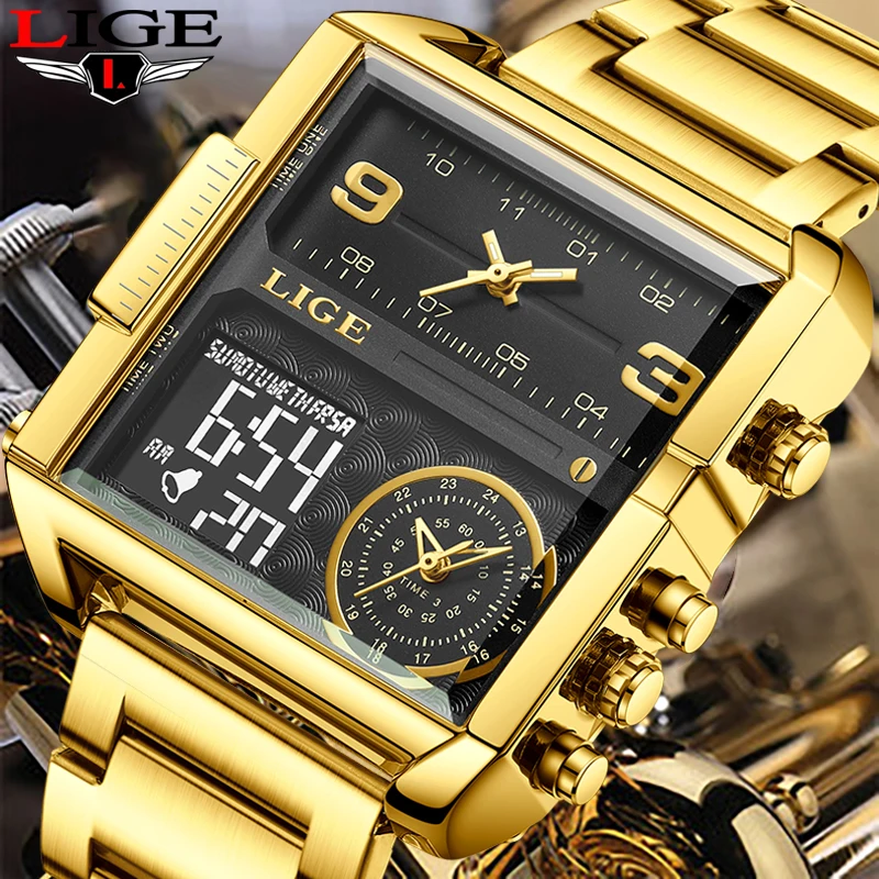 LIGE New Top Brand Luxury Fashion Men Watches Gold Steel Sports Square ...