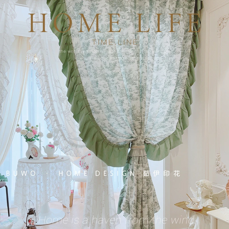 Customized French Style Retro Matcha Lace Printed Curtains Living Room ...
