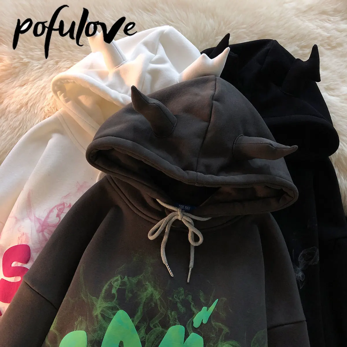 Y2k Demon Horns Hoodies Women Sweatshirt Graffiti Anime Thick Hooded ...