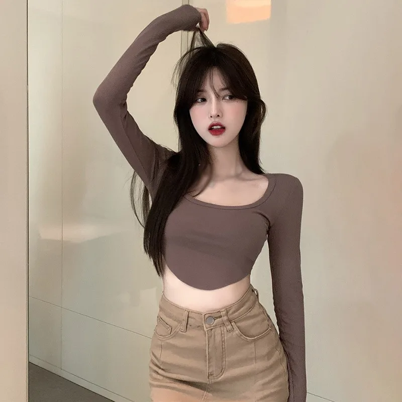 Women S Crop Top Irregular Slim Fit Casual Sexy Base Shirt Crew Neck 1607