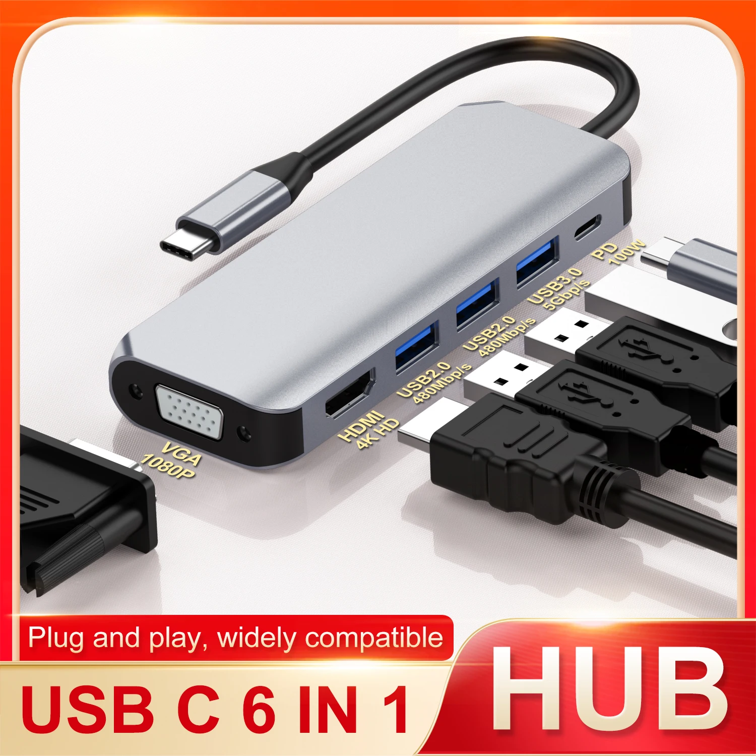 USB-C Hub 4K 30Hz Docking Station Type-C to HDMI VGA USB 3.0/2.0 PD100W ...
