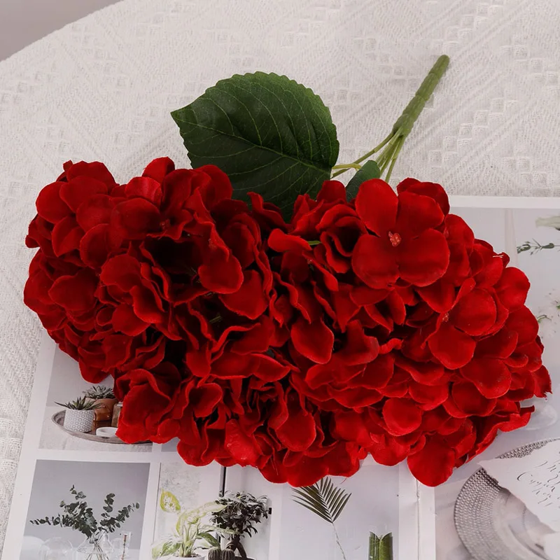 NEW 5 Heads Big Red Hydrangea Silk Flowers Hydrangea Artificial Flowers ...