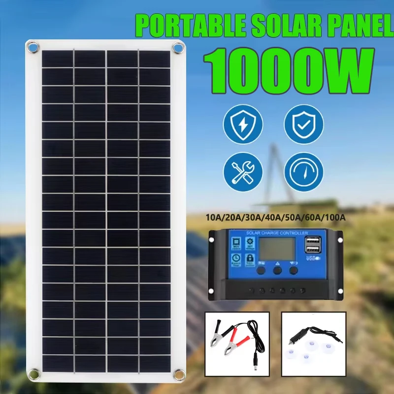 1000W Flexible Solar Panel DC 12V-18V Dual USB Solar Cell With 10A-100A ...