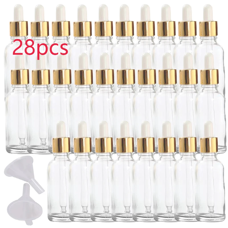 28pcs 15/30/50ml Golden Empty Dropper Bottle Essential Oil Glass Bottle ...