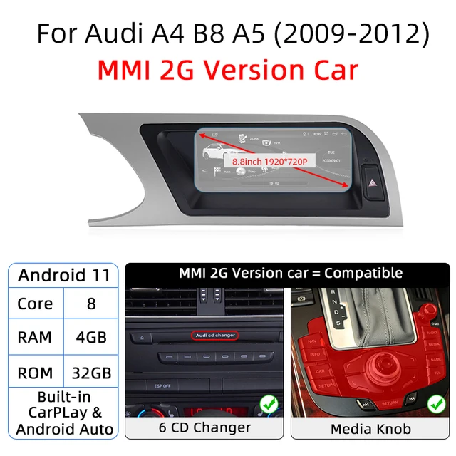CarPlay For Audi A4 B8 A5 2008 2009 2010 MMI 2G High CD Changer Android ...