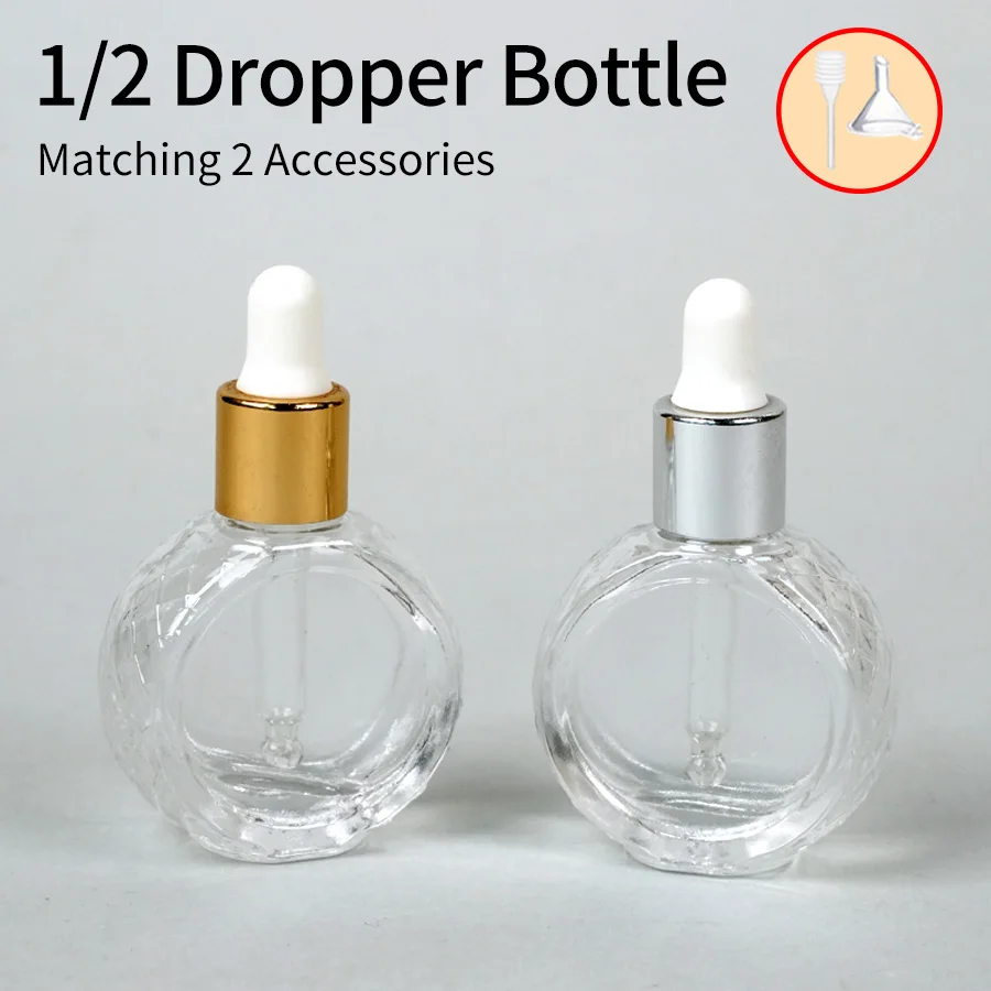 1/2pcs+2 accessories 10ml flat round glass transparent dropper bottle ...