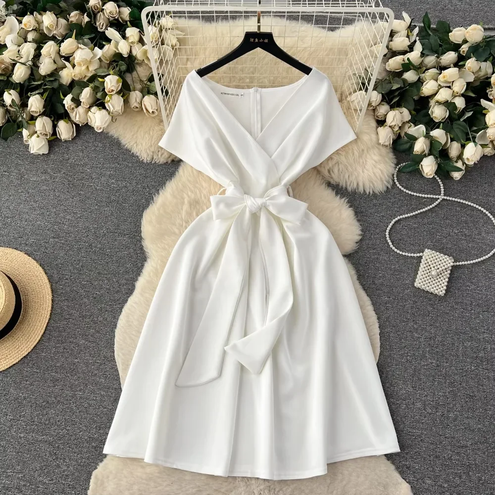 Chic sweet bow Lace-up Dress Elegant v neck Fashion dresses Beach ...