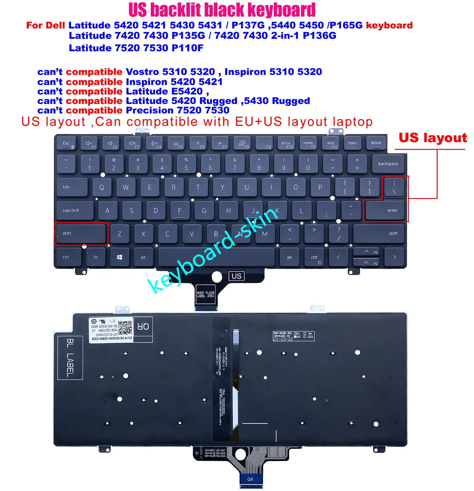 New US Backlit Keyboard For Dell Latitude 5420 5421 5430 5431 5440 5450 ...