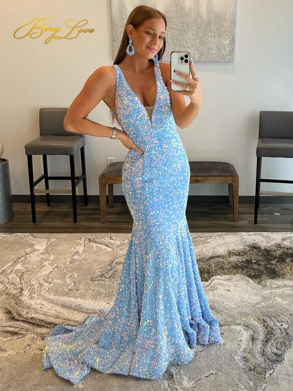 Light Blue Open Back Prom Dresses 2022