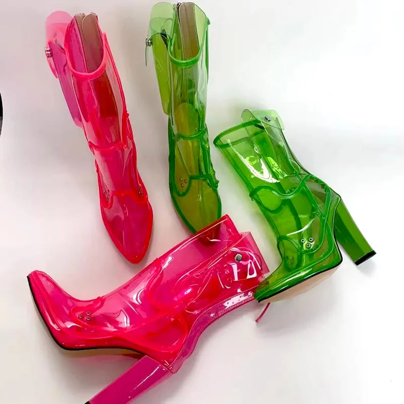 Clear-PVC-Button-Pocket-Cap-Fuchsia-Green-Transparent-Ankle-boots ...