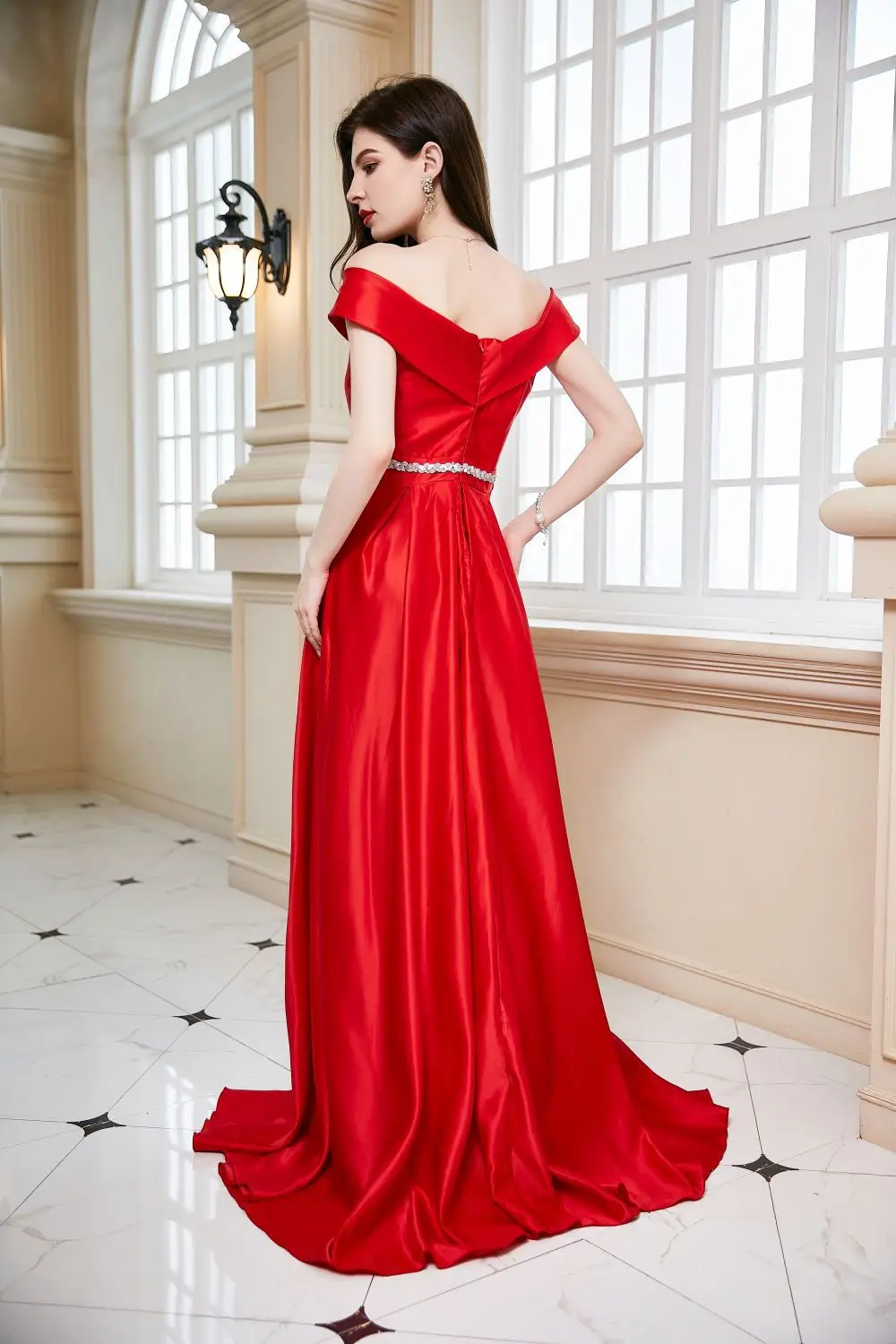 Women's Fashion Off Shoulder A-Line Prom Sexy Backless High Slit Satin Wedding Guest Dress