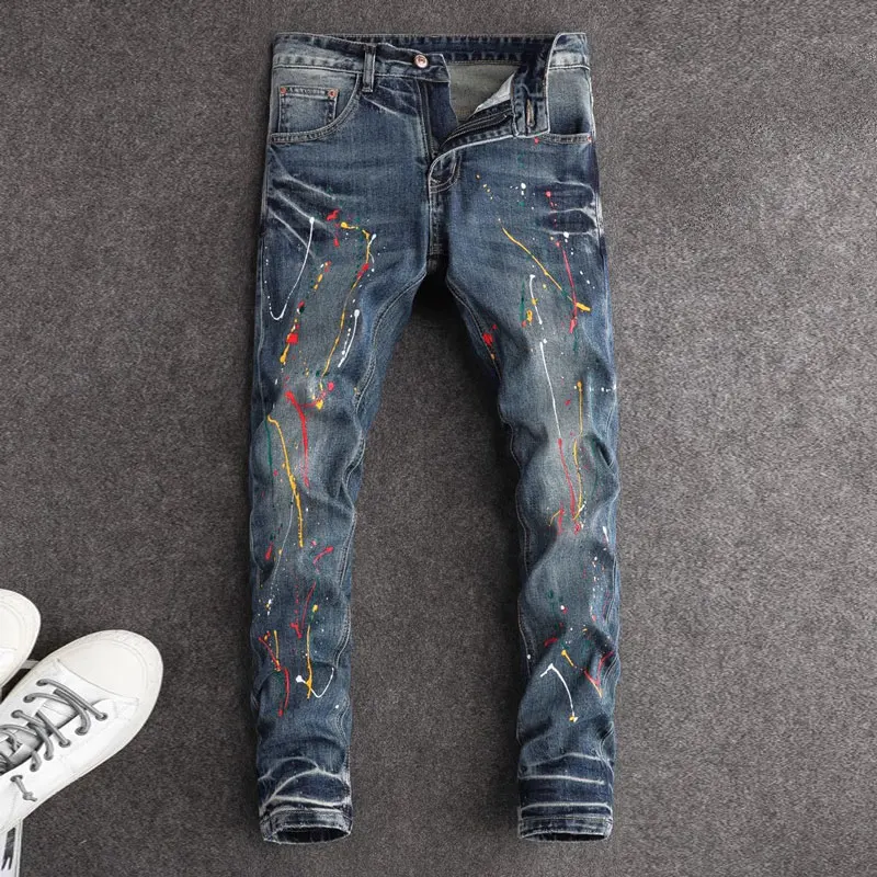 High-Street-Fashion-Men-Jeans-Retro-Dark-Blue-Stretch-Slim-Fit-Printed ...